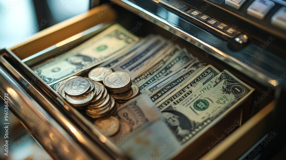 Illustrate a cash register with a drawer full of bills and coins, set ...