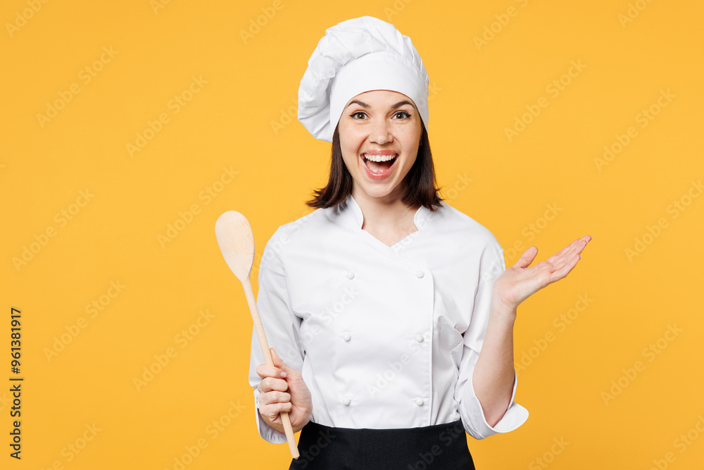 Young shocked surprised cheerful chef cook baker woman wear white shirt ...
