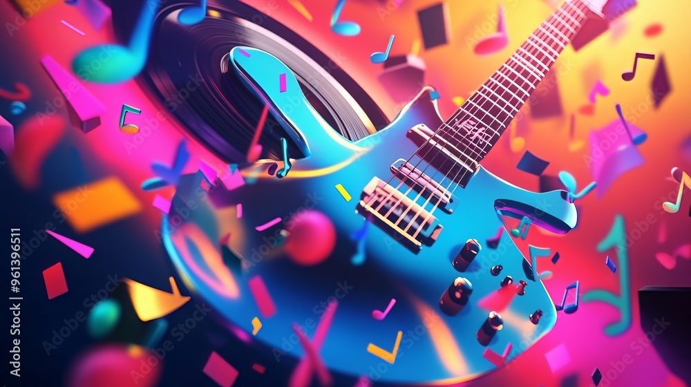 Animated music background featuring an electric guitar, vinyl record ...
