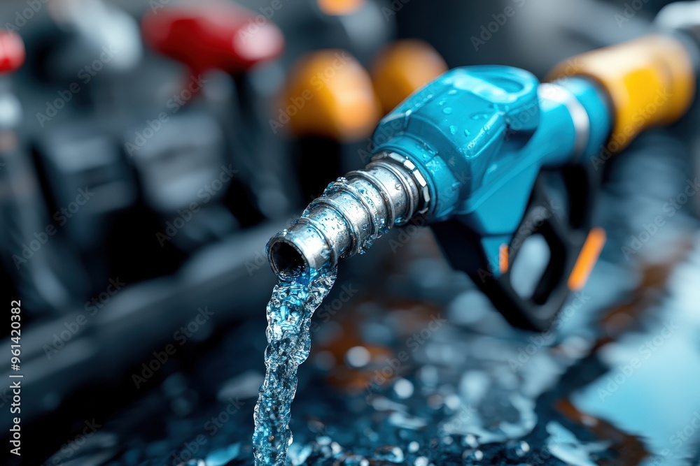 A blue fuel nozzle in action, with fuel pouring out, set in a highly ...