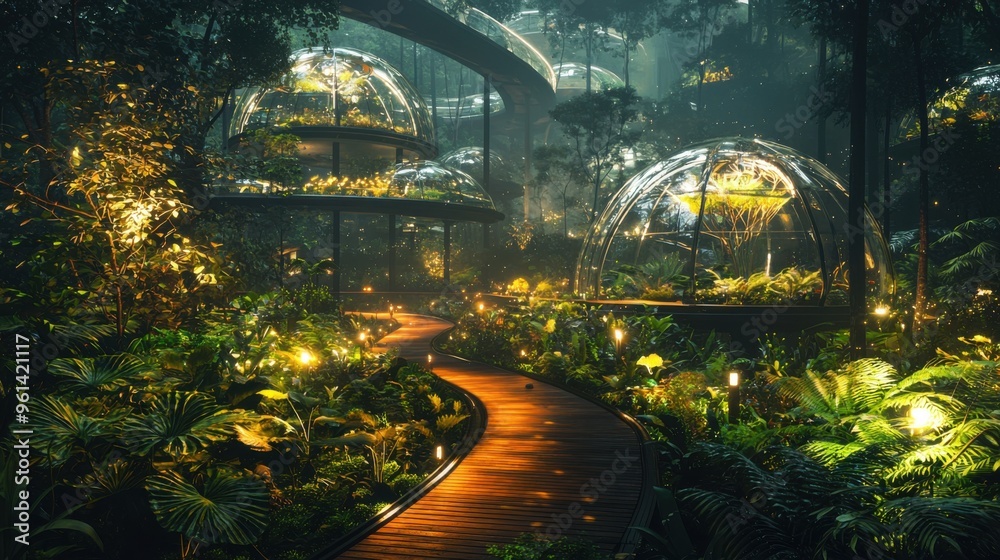 A futuristic botanical garden filled with rare, glowing flora from ...