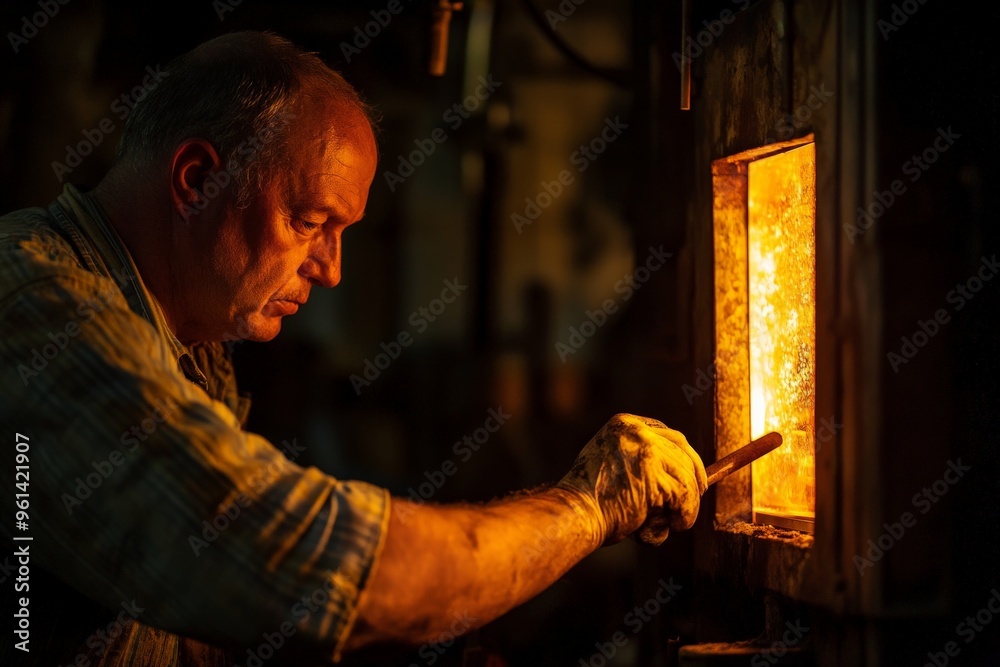 This image shows a craftsman intently shaping hot, molten glass using ...