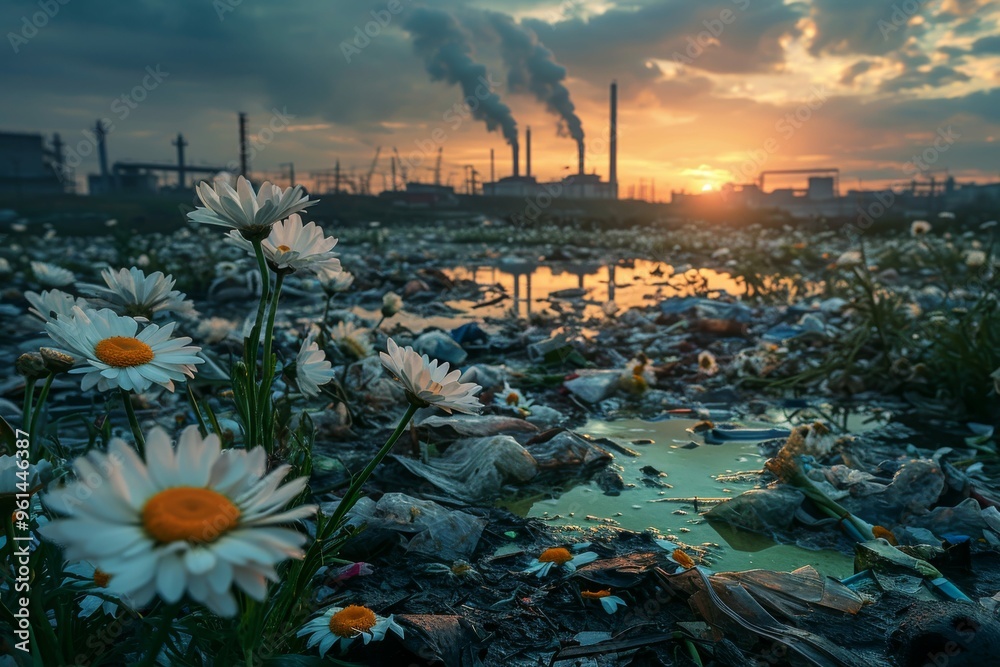 Daisies bloom amidst pollution and industrial waste, highlighting ...
