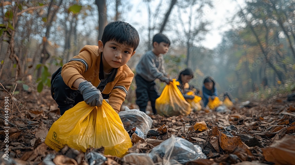 5. Children picking up trash in a polluted forest, wearing gloves and ...