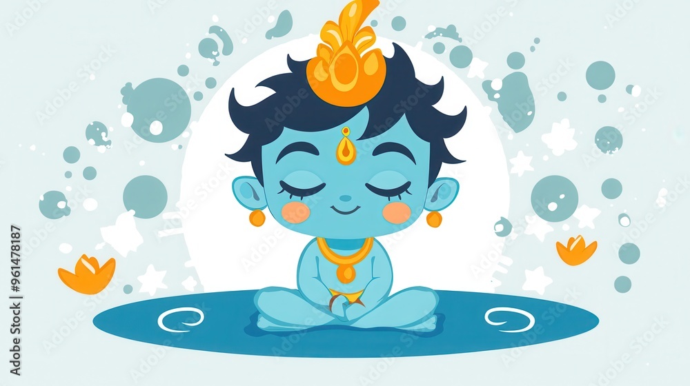 Cute Cartoon Baby Krishna Illustration Hindu God Meditation Spiritual ...