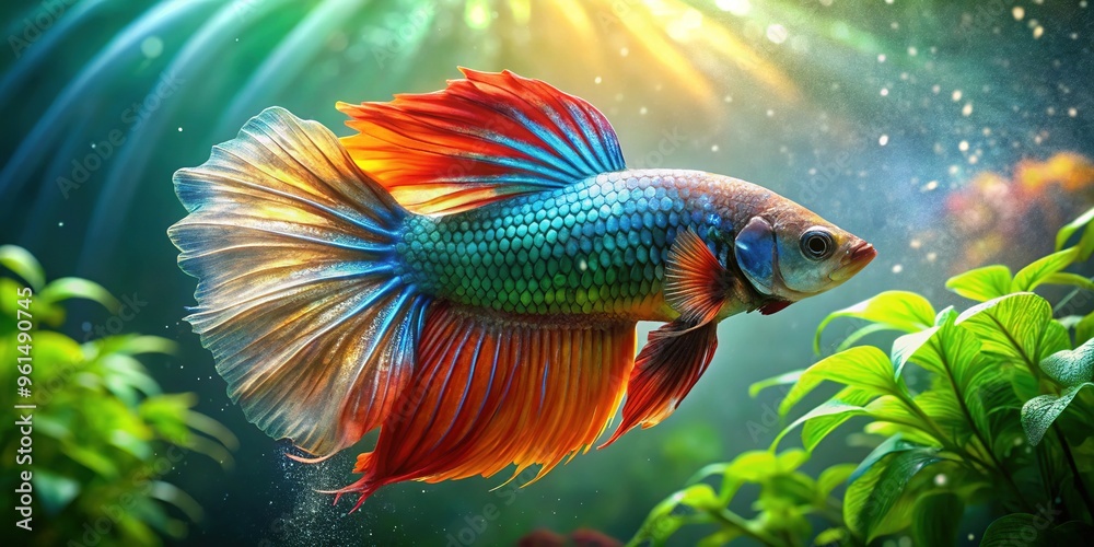 Vibrant betta fish, fins flared and gills flapping, engage in intense ...