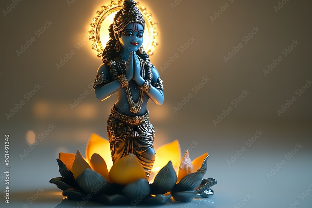 Divine Krishna standing gracefully on a lotus flower, surrounded by ...