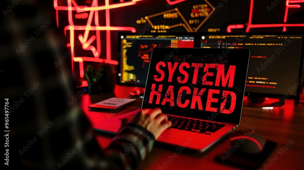 Laptop screen showing SYSTEM HACKED alert in bold text, hacker cybersecurity breach, digital ...