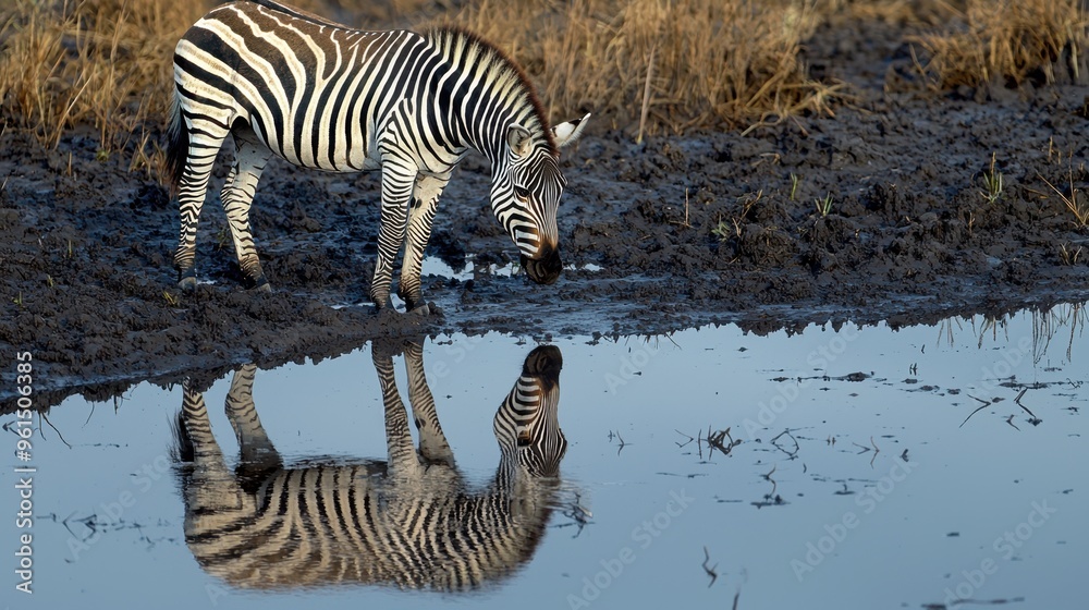 Majestic Zebra by Watering Hole - Reflection on Calm Water Surface ...