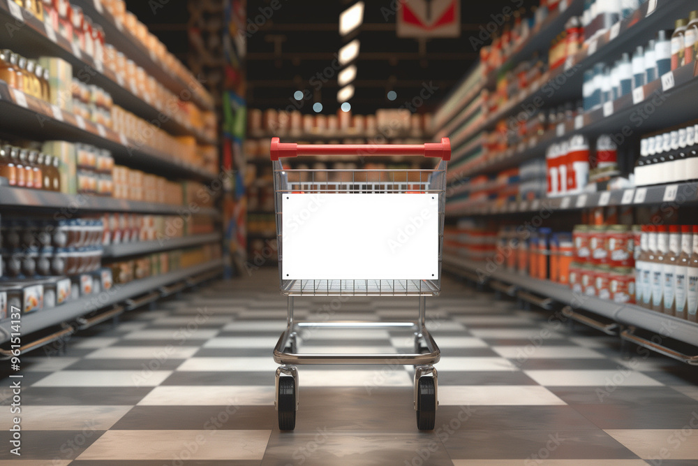 Store interior, shelves and shopping cart photograph with blank ...