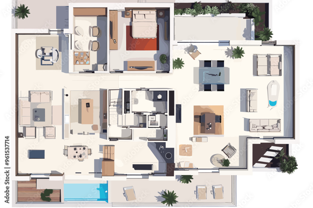 Modern house floor plan with detailed furniture layout and room ...