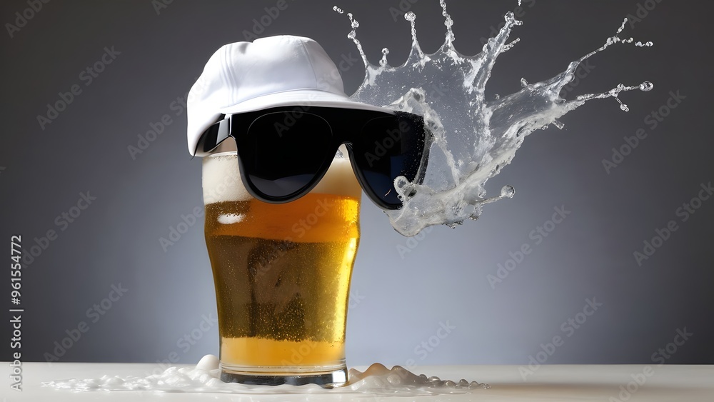 a pint beer glass with cool sunglasses and a backwards cap doing a ...