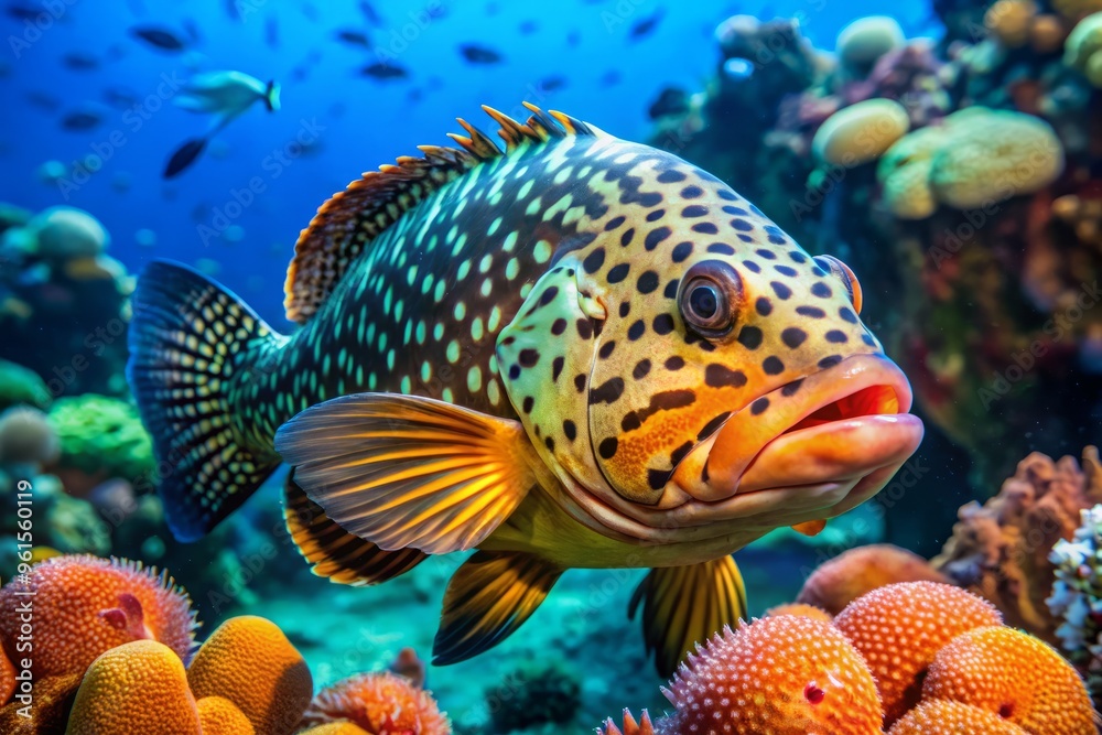 Bumblebee grouper glides effortlessly through the vibrant coral reef ...