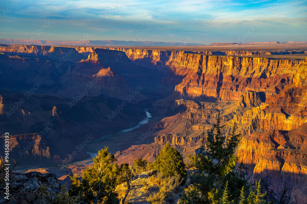 Grand Canyon at sunset viewed from Desert View Watchtower, showcasing ...