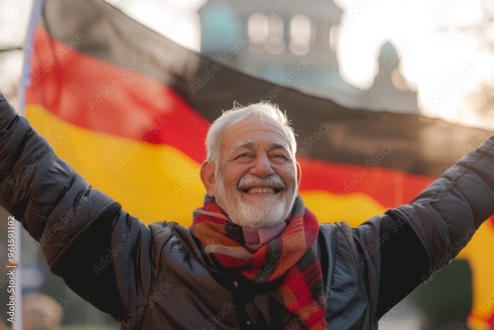 Senior man embodiment of national identity hoists flag high. Triumphant ...