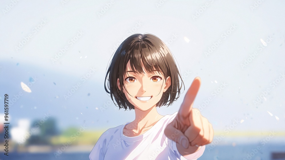 Stock-Illustration „Front view half-body anime cute short haired girl ...