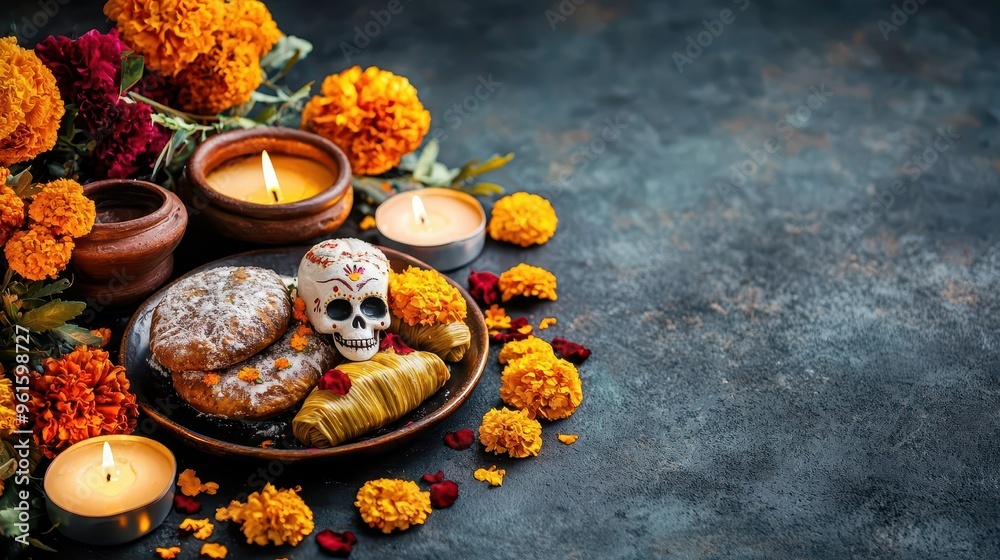 Pan de muerto and tamales arranged on a festive Day of the Dead altar ...