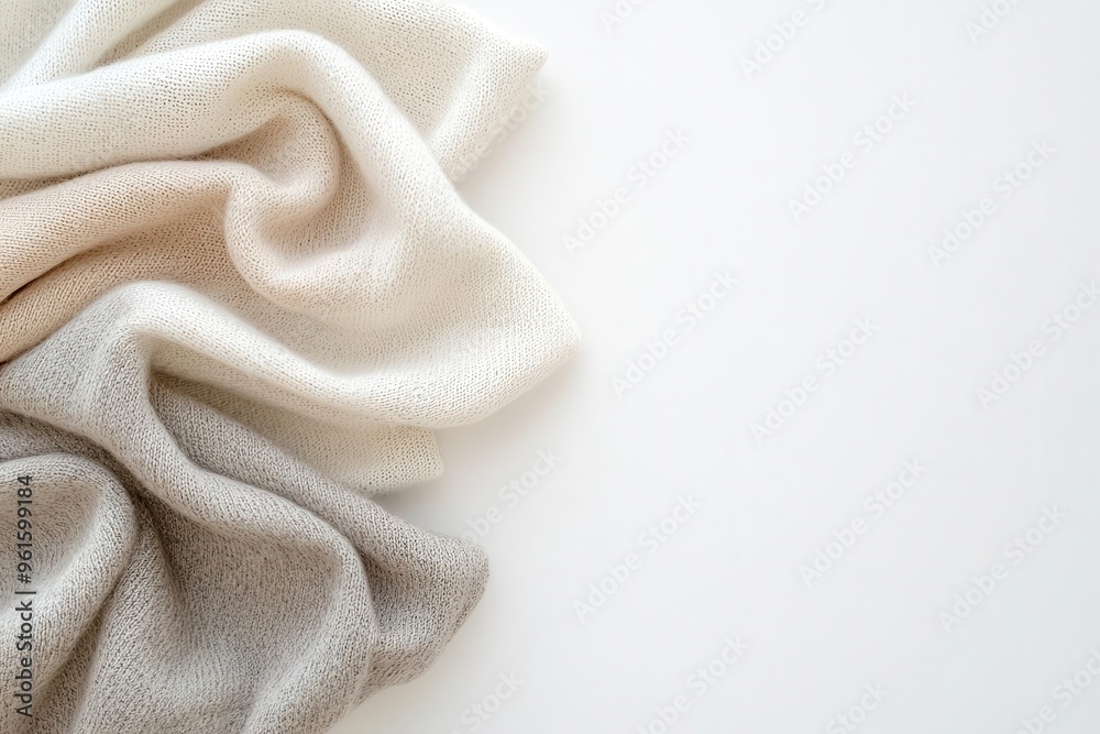 Soft fabrics laid flat and folded on a white background, with cozy and ...