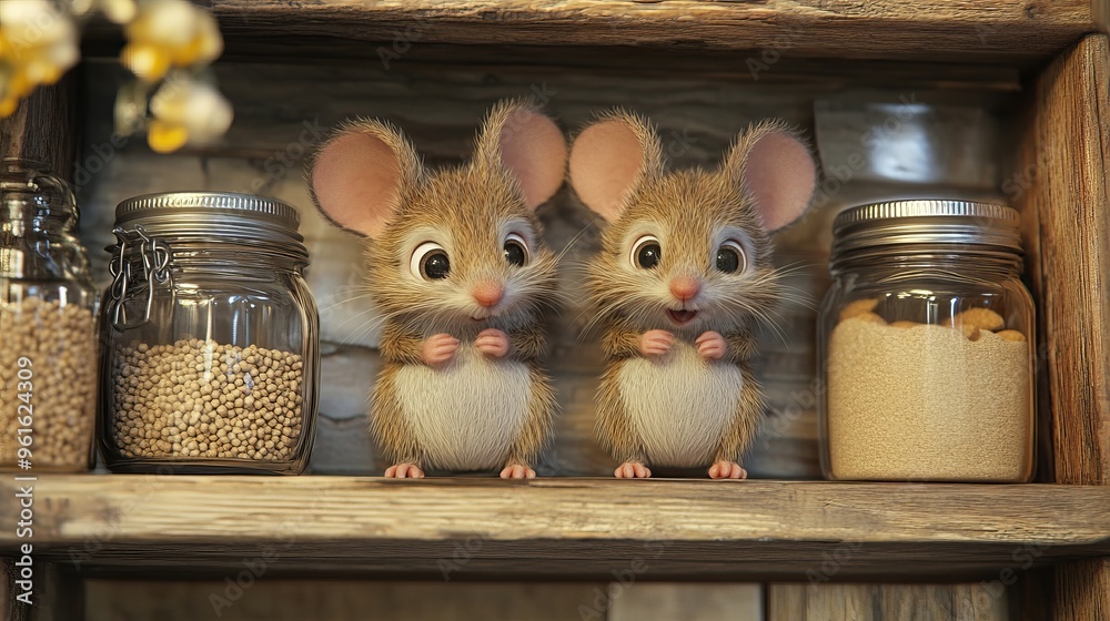 Cute animated mice standing together on a wooden shelf with jars and ...