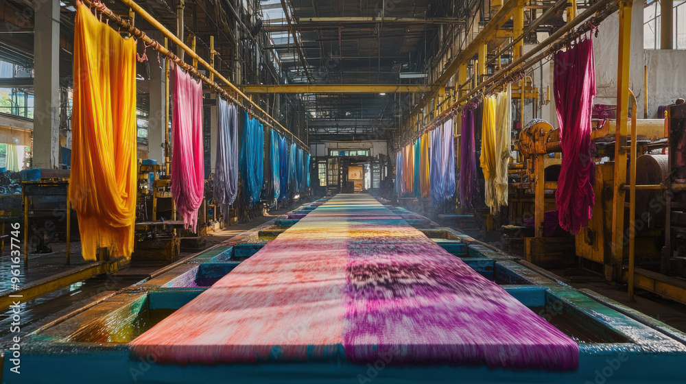 Textile dyeing factory in India, with colorful fabrics being processed. Stock Photo | Adobe Stock