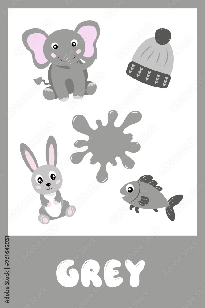 Learning colors worksheet for kids. grey color flashcard. Worksheet for ...