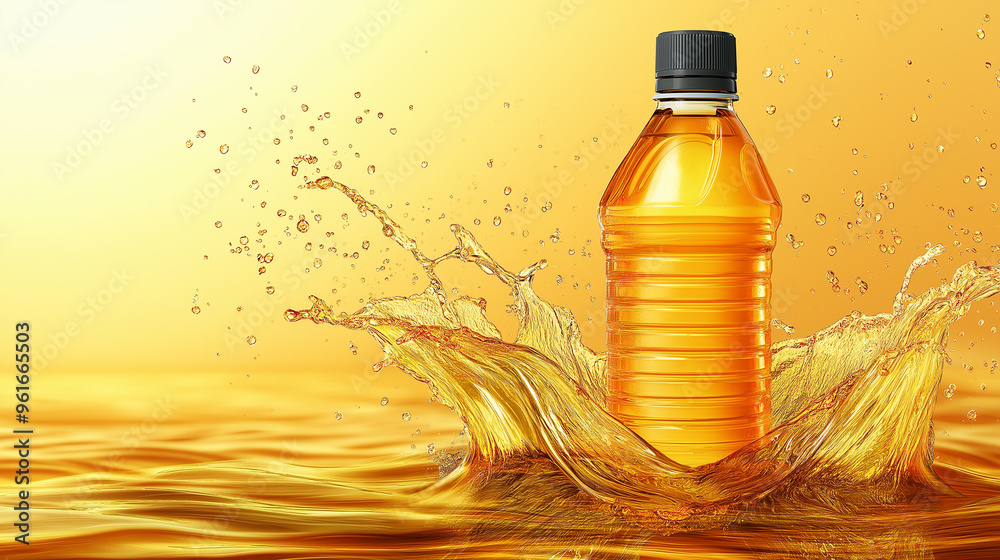 Splash of golden liquid around plastic bottle in motion, yellow ...