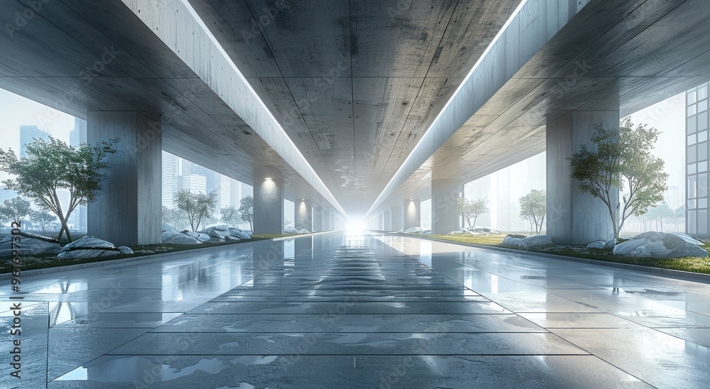Architectural render of a low, long pedestrian underpass crossing ...