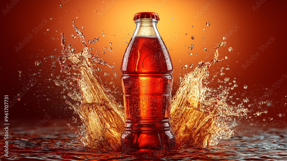 Red soda bottle splash, carbonated beverage concept, refreshing drink ...