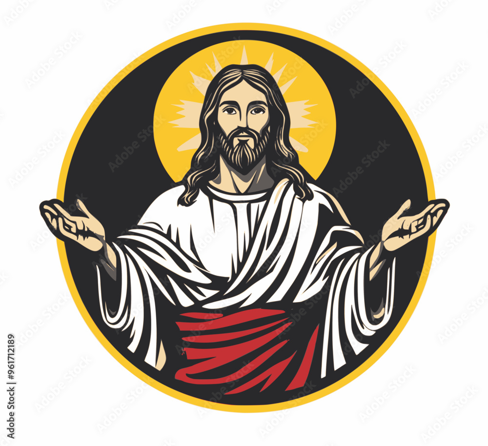 Logo of Jesus with outstretched arms inside a golden circle, in a ...