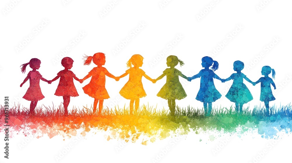 Colorful papercut-style image of children holding hands, featuring a ...