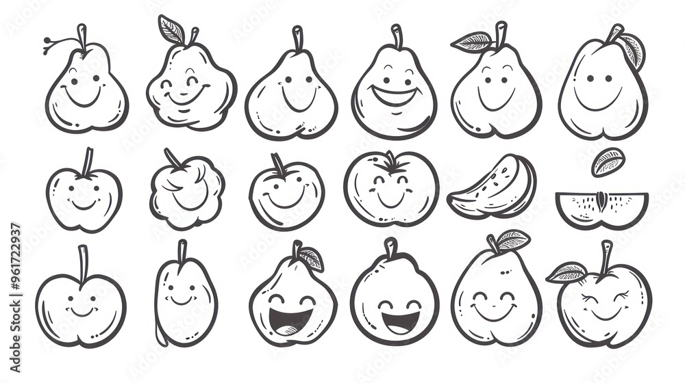 Hand drawn cartoon fruits with smiling faces. Stock Illustration ...