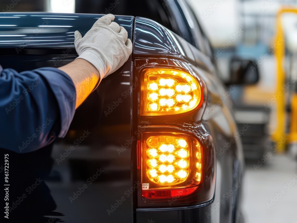 Mechanic inspecting a vehicle s headlights and taillights to ensure ...