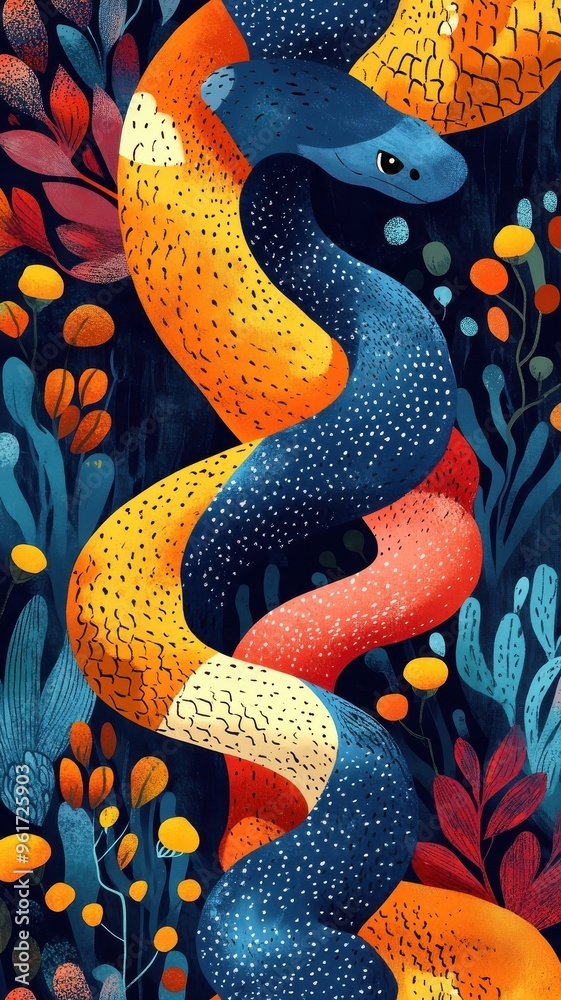 Playful, Textured pattern, a snake illustrated with lively patterns and ...
