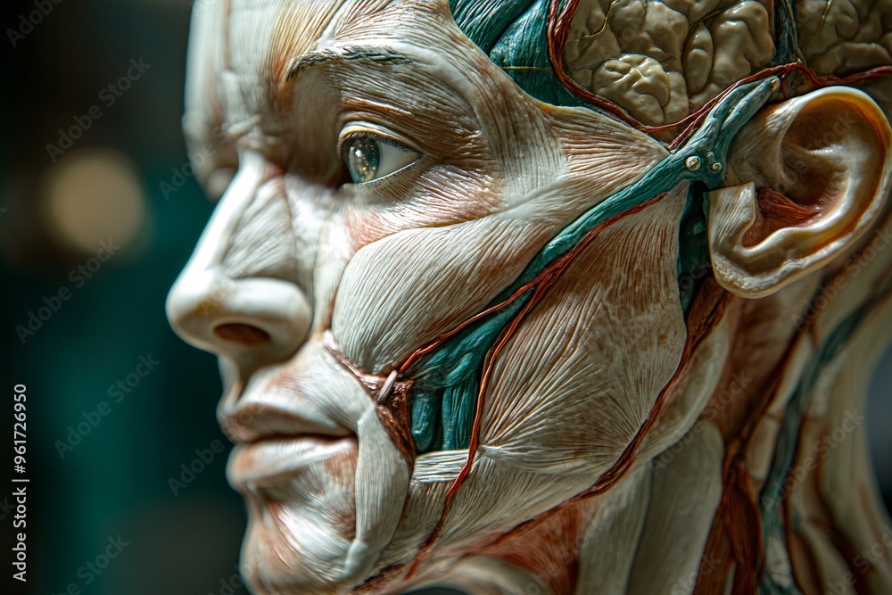 A detailed model of human anatomy showcasing muscles and brain ...