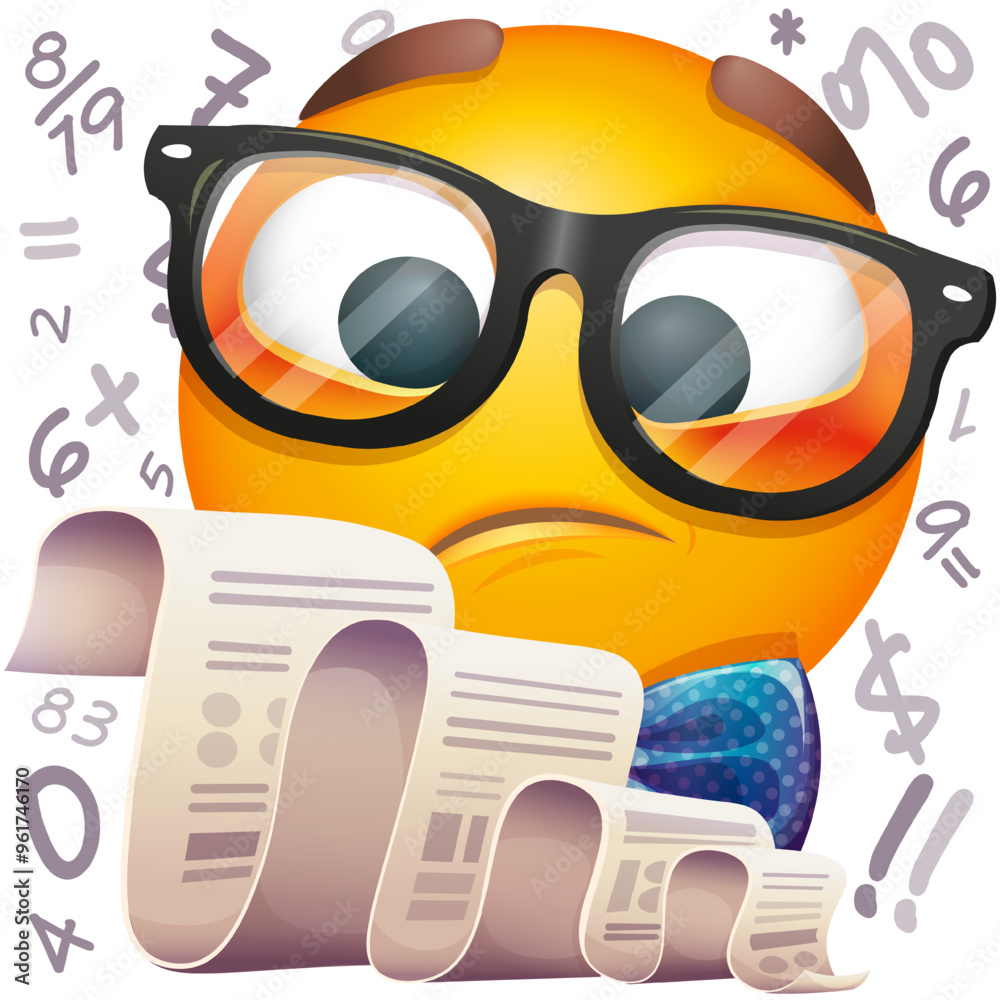 Accountant emoji analyzes finances on white background. Bookkeeper ...