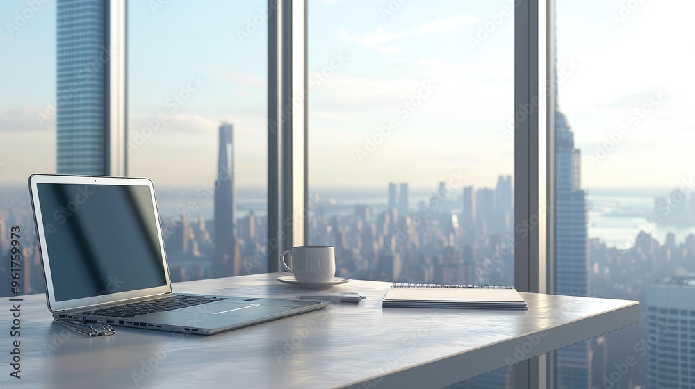 Modern office desk overlooking new york city skyline with laptop ...