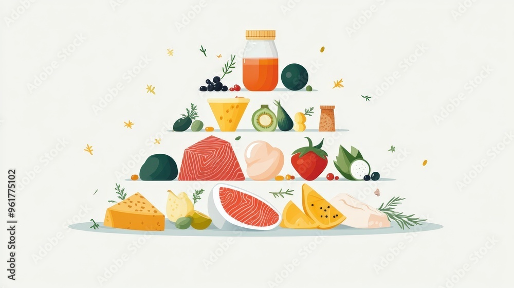 Flat design of a balanced diet chart with portion sizes, symbolizing ...