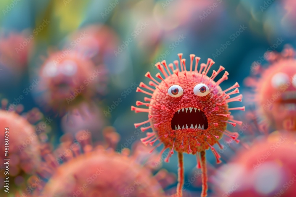 ภาพถ่าย Stock Scared anthropomorphic virus cartoon features depicting ...