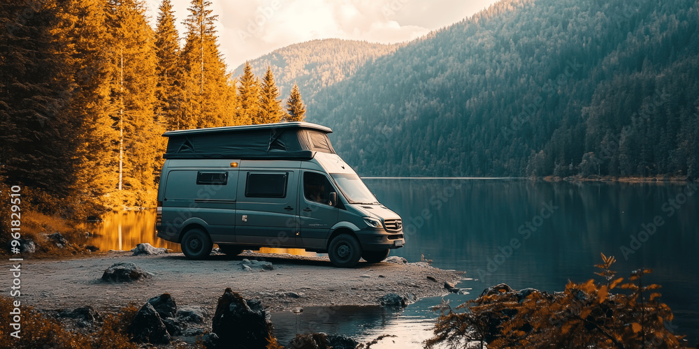 Camper Van with Rooftop Bed Parked by a Lakeside wallpaper 4k HD Stock ...