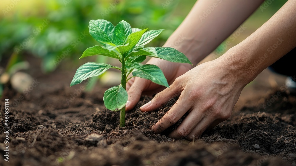 Person planting a young tree sapling in a garden, with a focus on the ...