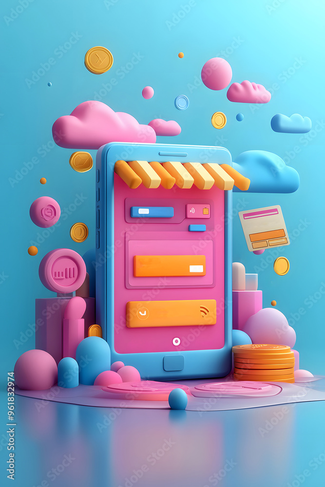 A 3D cartoon-style mobile app interface showing an online payment ...