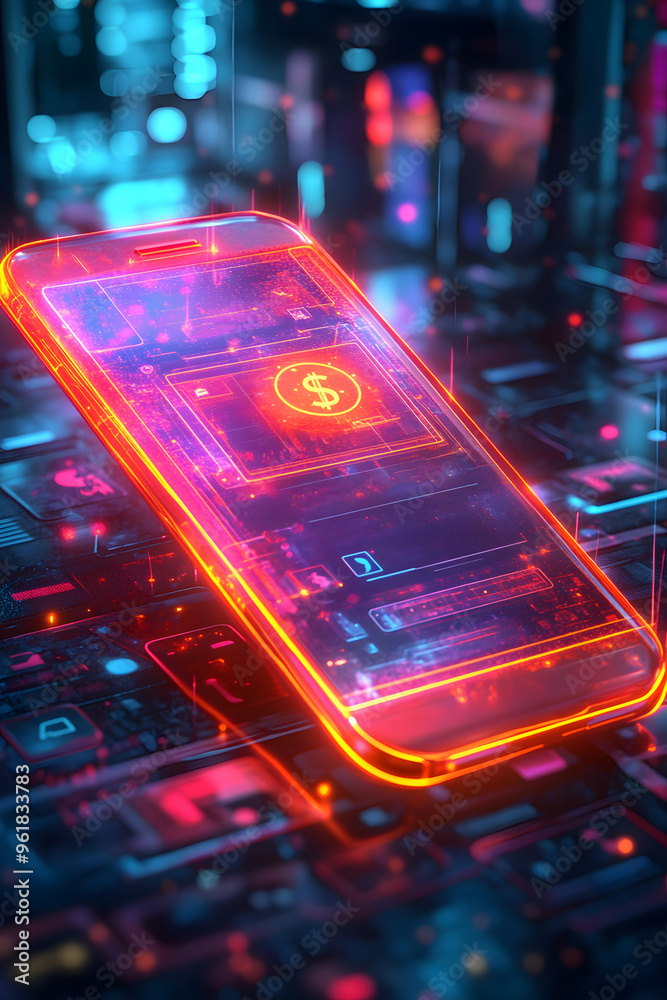 Cartoon 3D mobile app interface with a glowing transaction confirmation ...