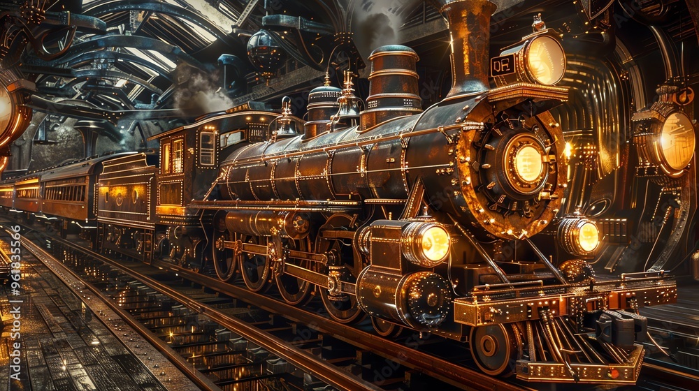 A steampunk train engine with ornate details and glowing lights in a ...