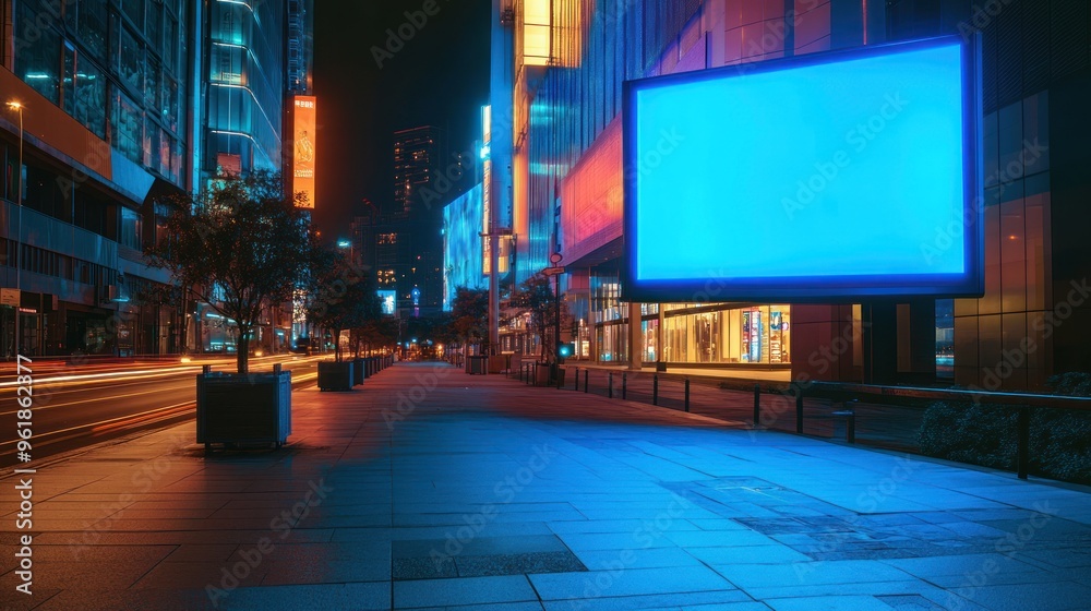 Big blue screen billboard on cyberpunk neon night city street mockup ...