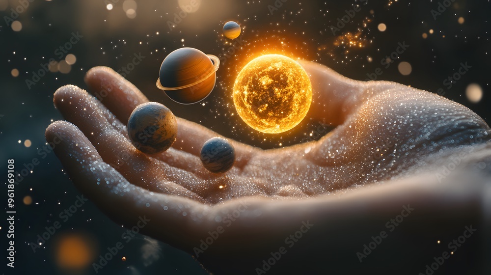 Hand Creating a Solar System: A hand forming a miniature solar system ...