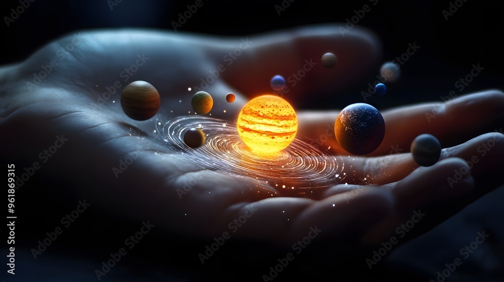 Foto de Stock Hand Creating a Solar System: A hand forming a miniature ...