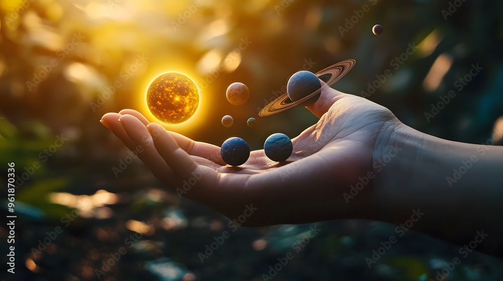 Hand Creating a Solar System: A hand forming a miniature solar system ...