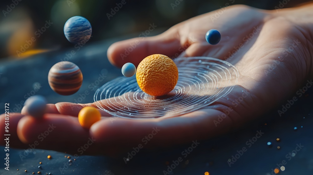 Hand Creating a Solar System: A hand forming a miniature solar system ...