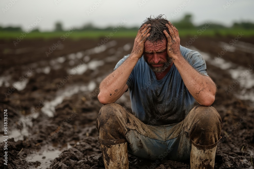 A frustrated farmer sits with his hands on his head in a muddy field ...