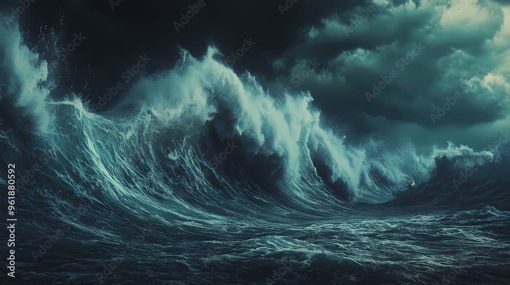 Apocalyptic dramatic background, giant tsunami waves, dark stormy sky ...